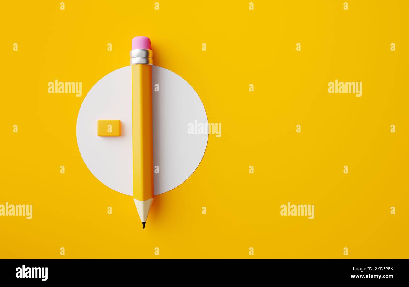 Pencil and eraser on a circle on white background with copy space ...