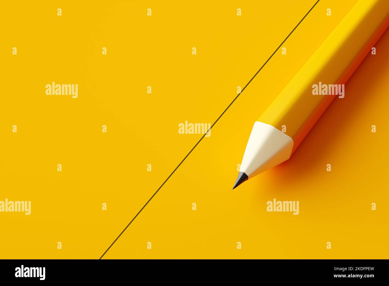 Pencil and a straight line on yellow background. Drawing the line, to ...