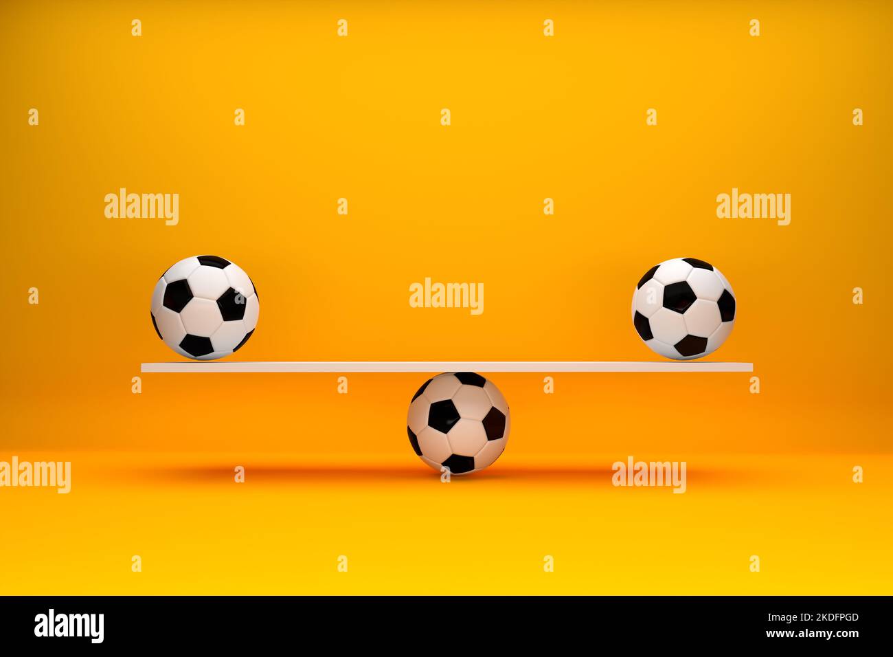 Football soccer balls balancing on a seesaw on yellow background. Deuce ...