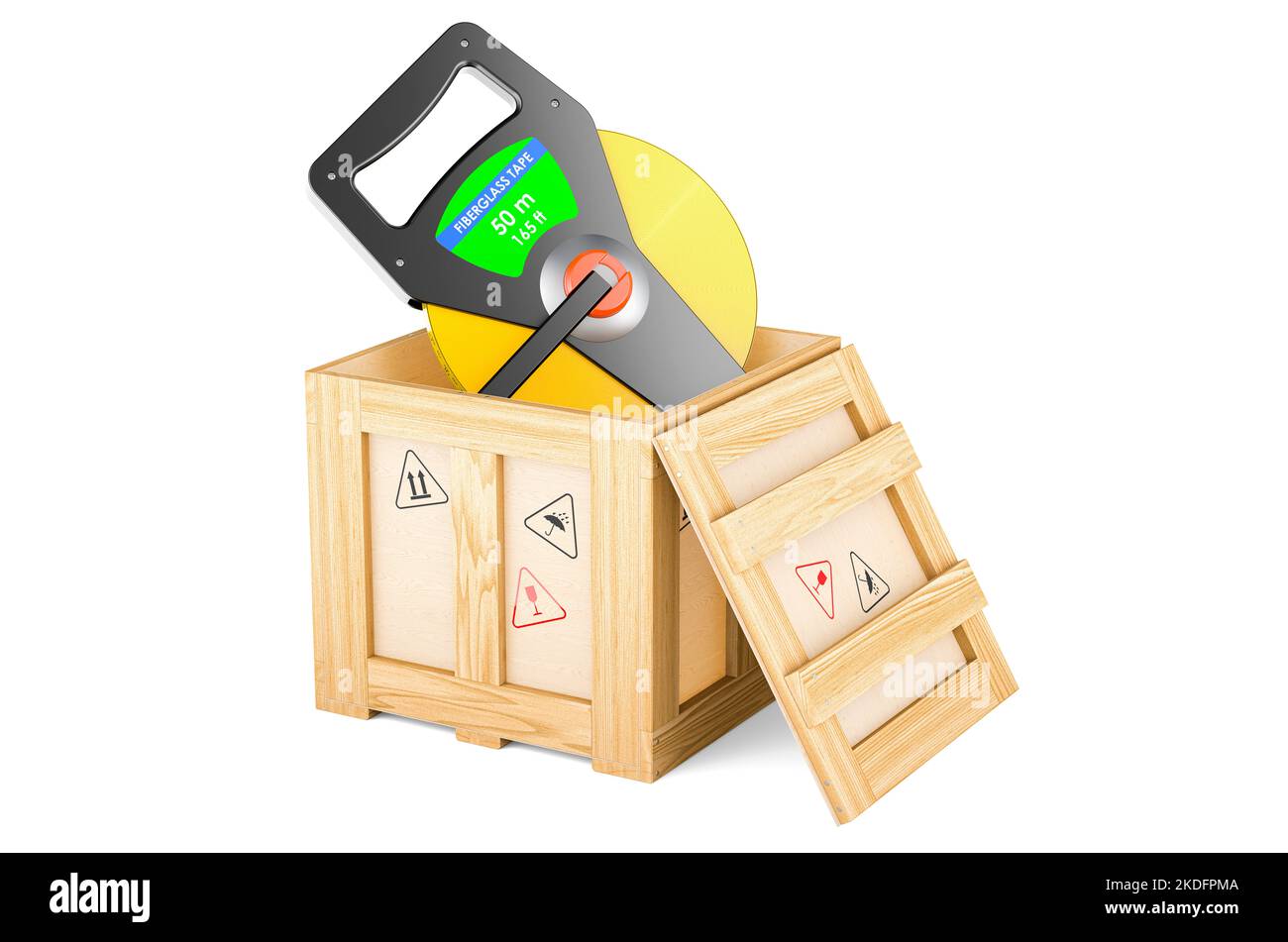 Tape measure inside wooden box, delivery concept. 3D rendering isolated ...