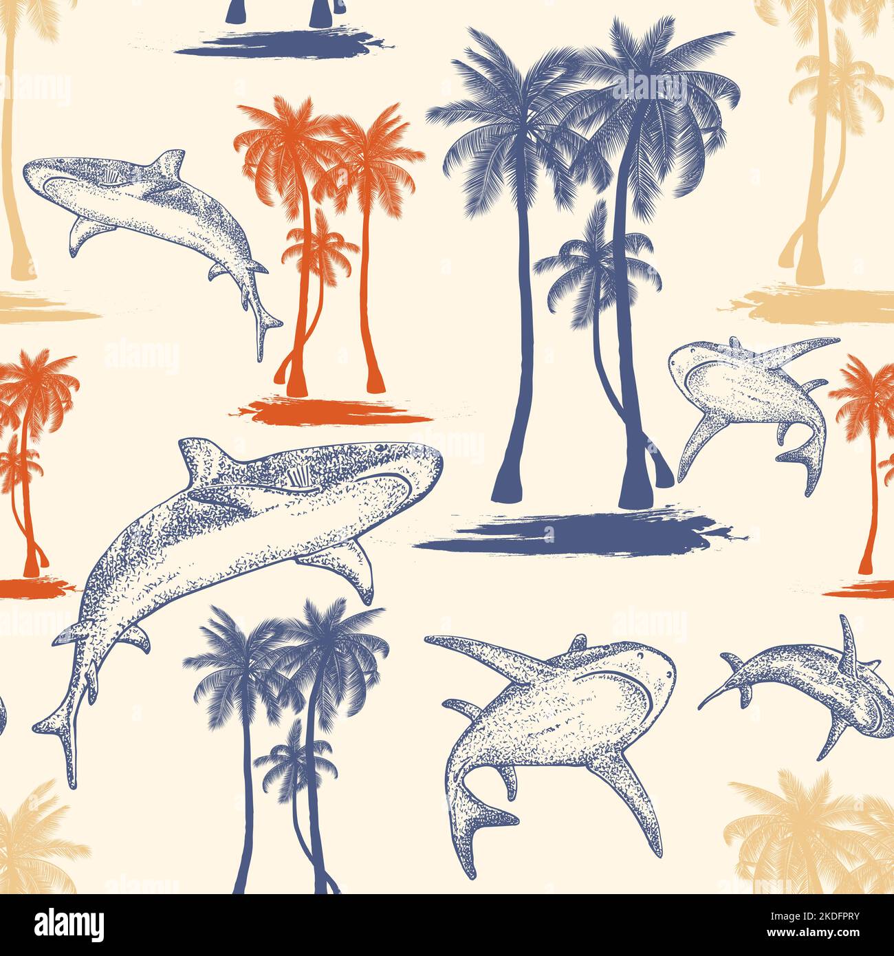 Sharks and palms islands in seamless pattern. Hand drawn with pen and ...