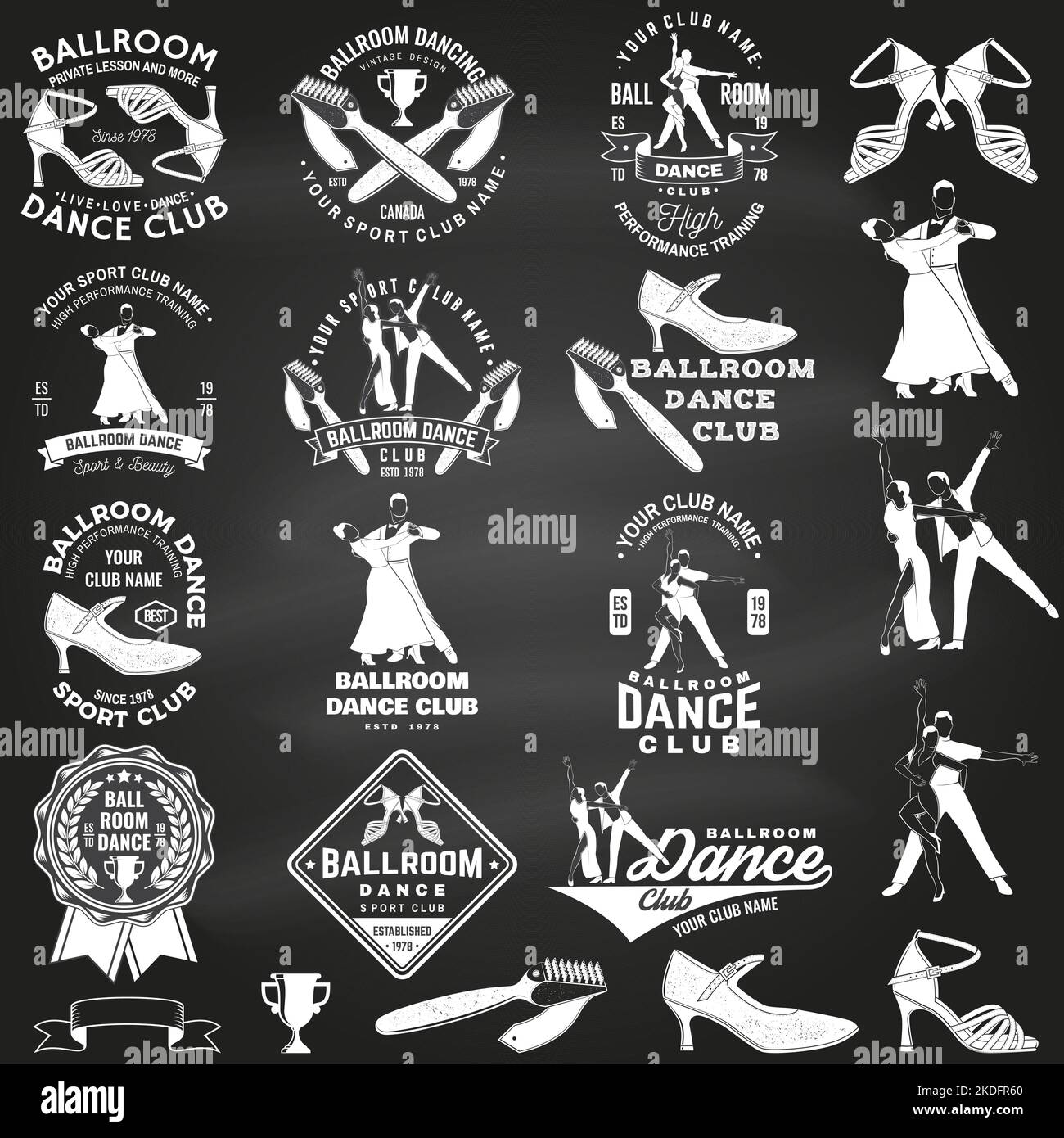 Set of Ballroom dance sport club logos, badges on chalkboard. Concept ...