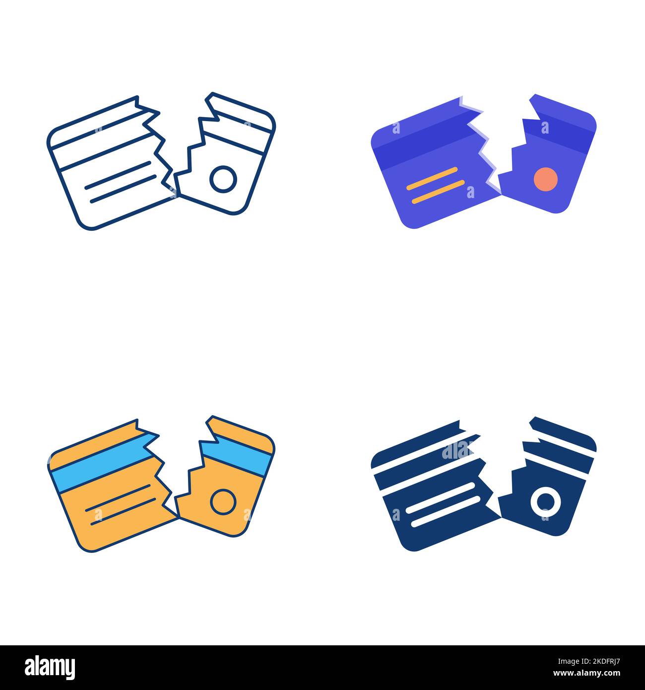 Insolvency concept icon set in flat and line style. Broken credit card ...