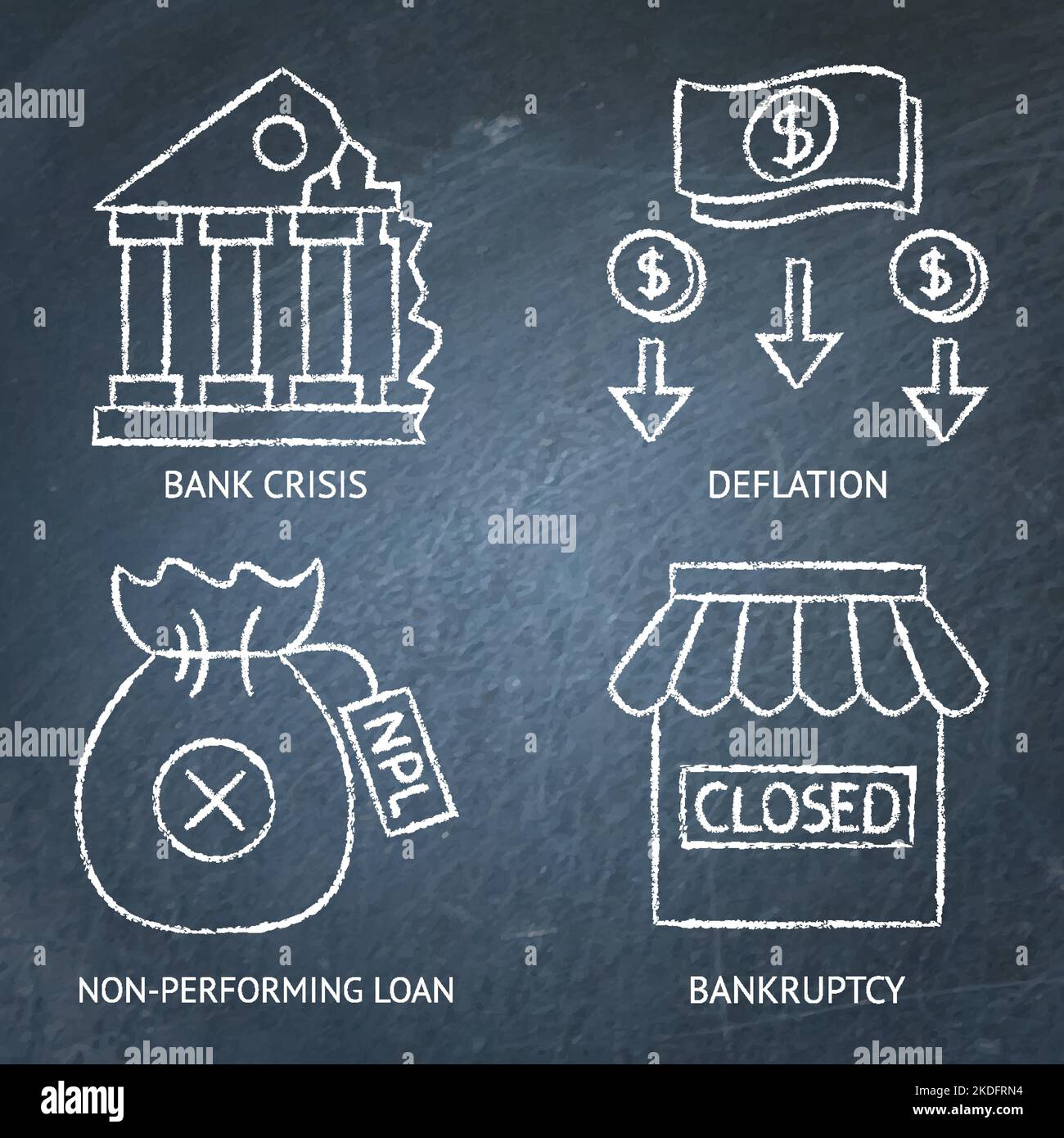 Economic crisis icon set on chalkboard. Financial crash, recession ...