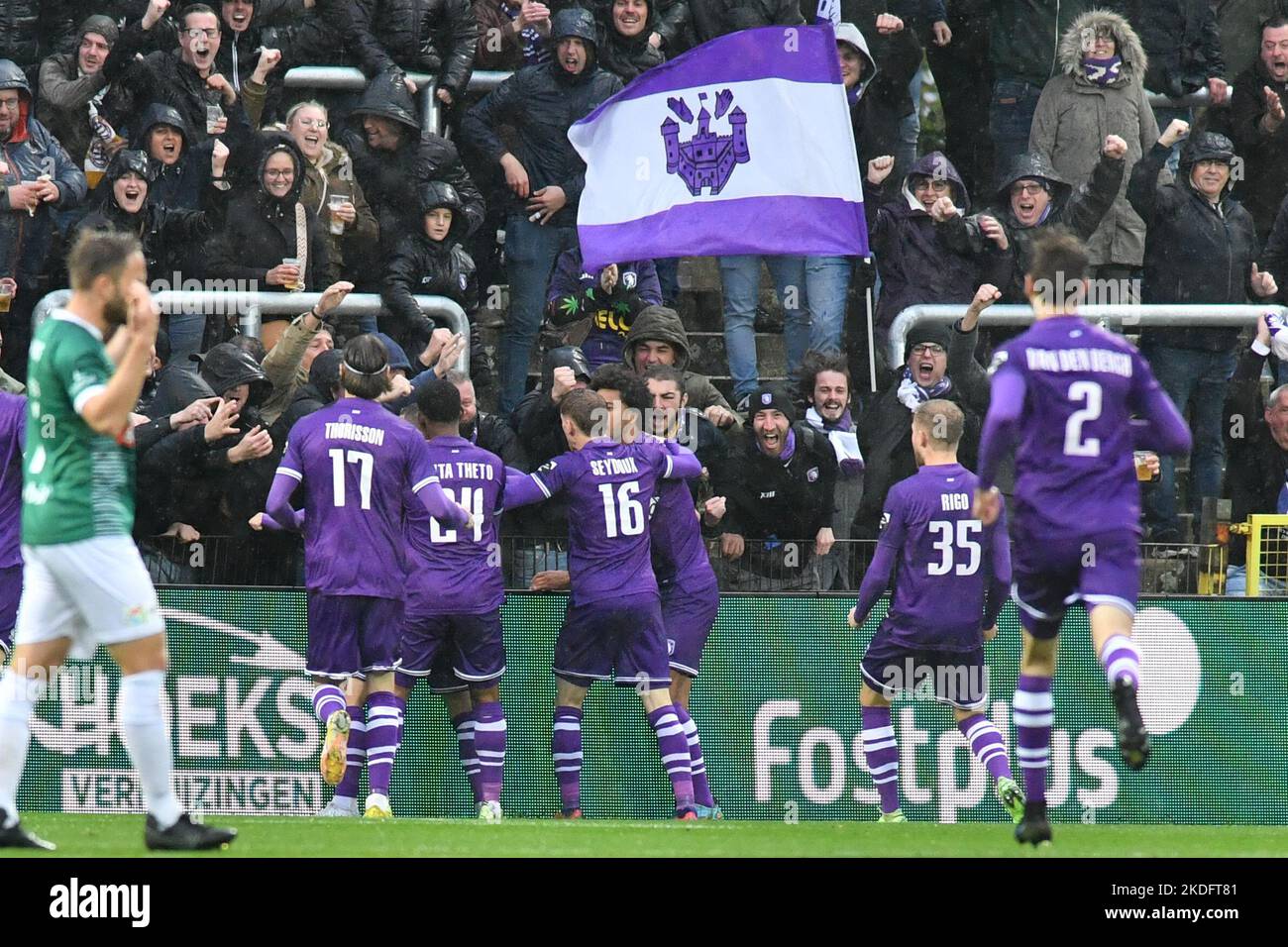 Beerschot's players celebrate after scoring during a soccer match ...