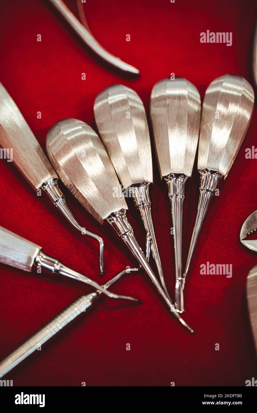 Close up shot of a collection of dental medical equipment tools Stock ...