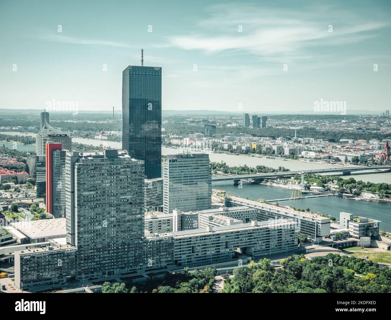Stunning aerial view with Donau City and the high rise sky scraper ...