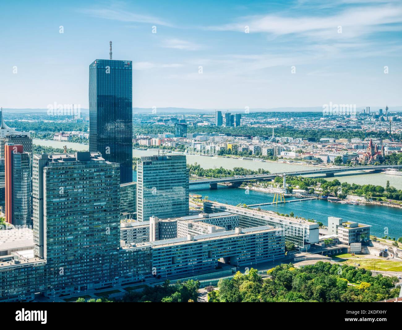 Stunning aerial view with Donau City and the high rise sky scraper ...