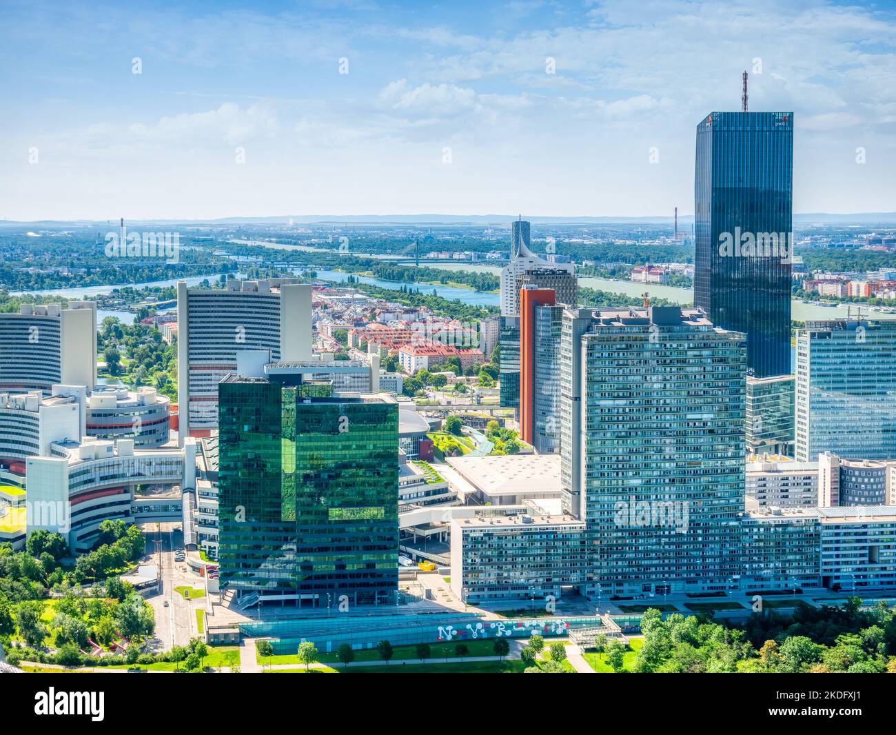 Stunning aerial view with Donau City and the high rise sky scraper ...