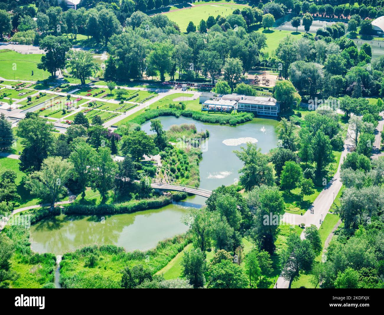 Aerial view with Donau Park green landscape located in Vienna, Austria ...