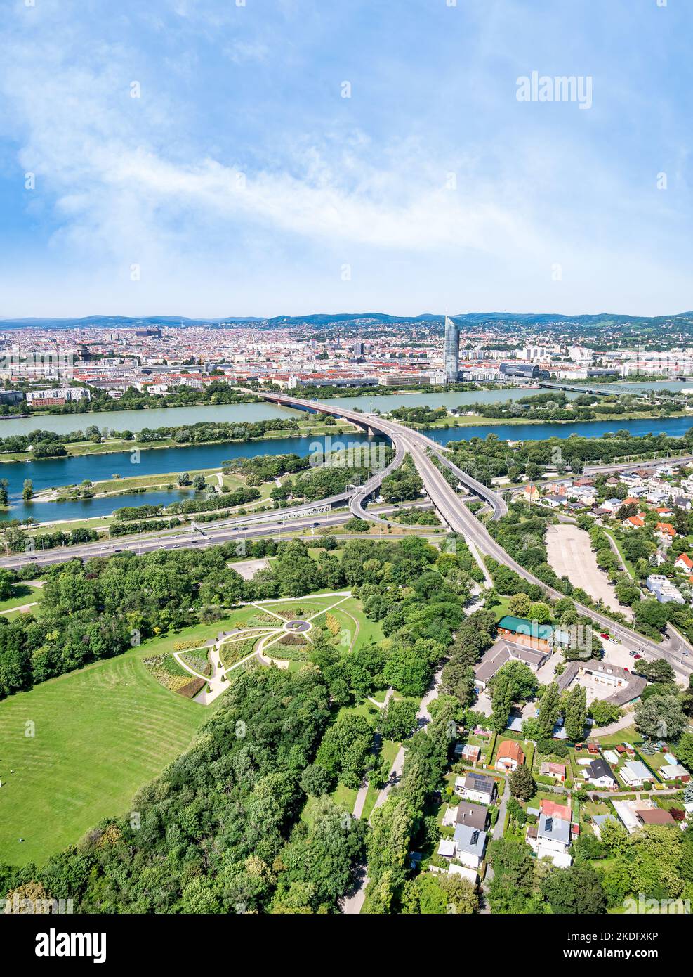 View from above with Brigittenauer Bridge over Danube river in Vienna ...