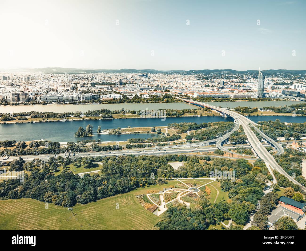 View from above with Brigittenauer Bridge over Danube river in Vienna ...