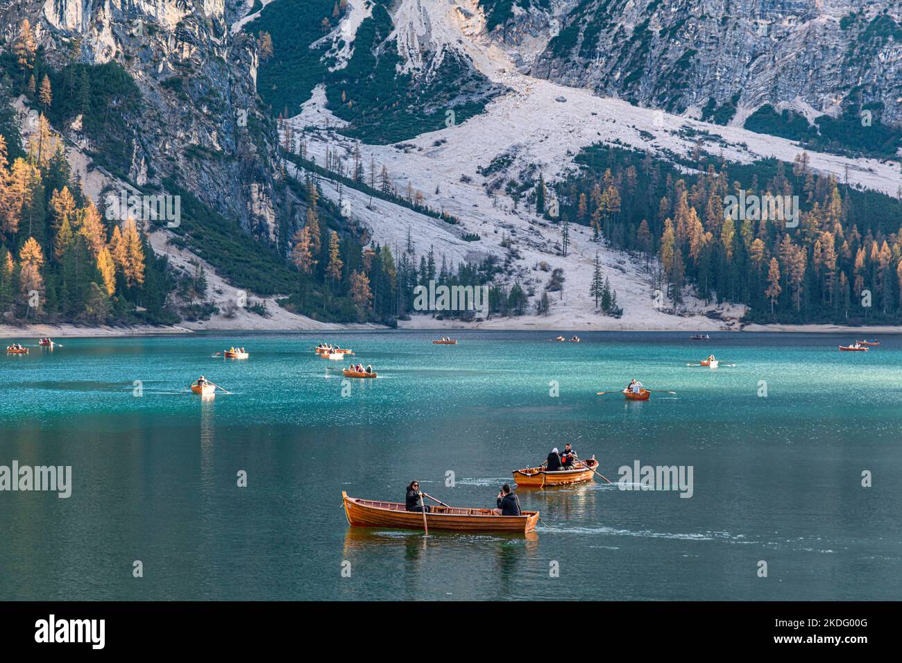 Boats on the Braies Lake ( Pragser Wildsee ) in Dolomites mountains ...