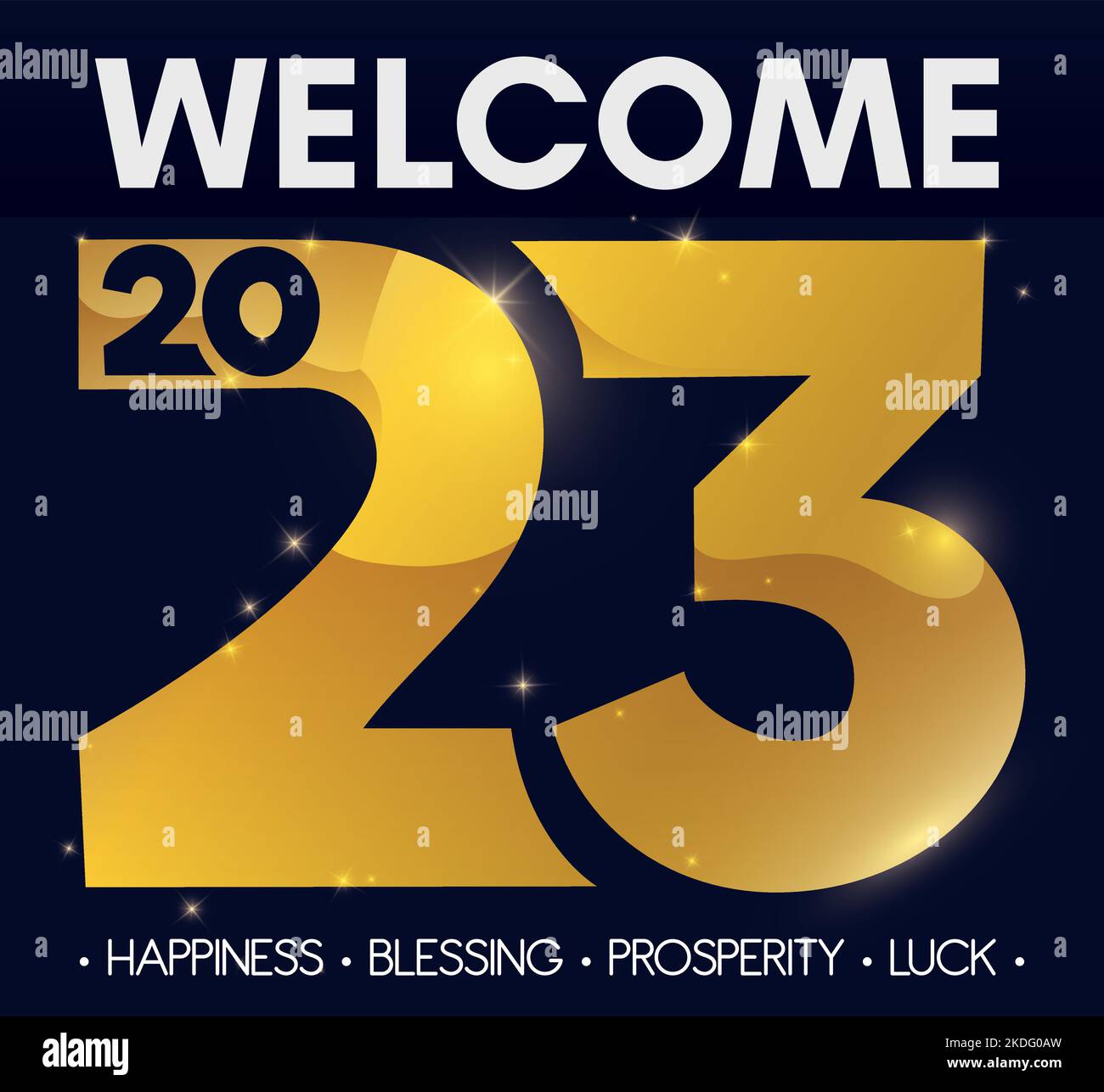 Design with welcome for the New Year 2023 with golden numbers, magical ...