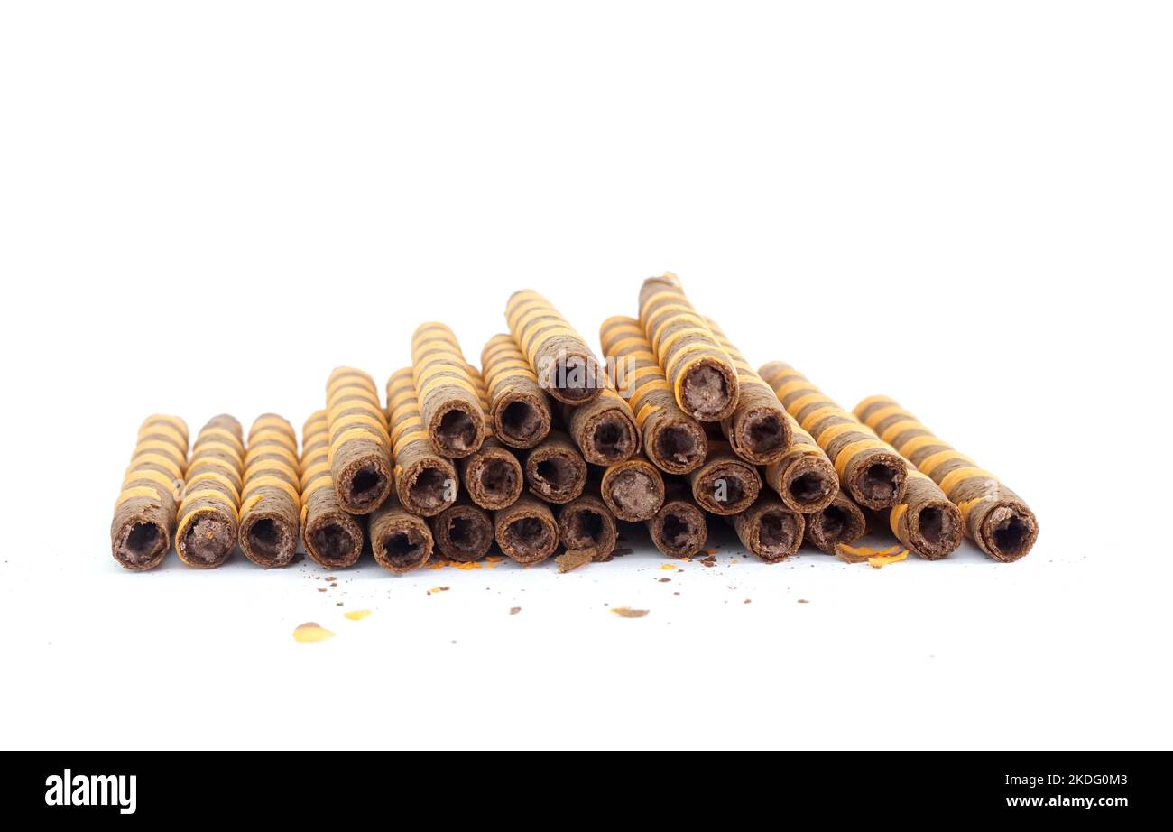 Round wafers sticks orange taste with chocolate stuffing isolated on ...