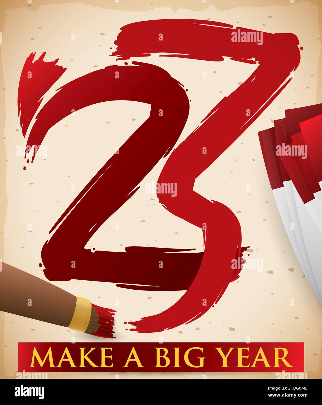 Scroll with handwritten number 23 in red color with a paint brush ...
