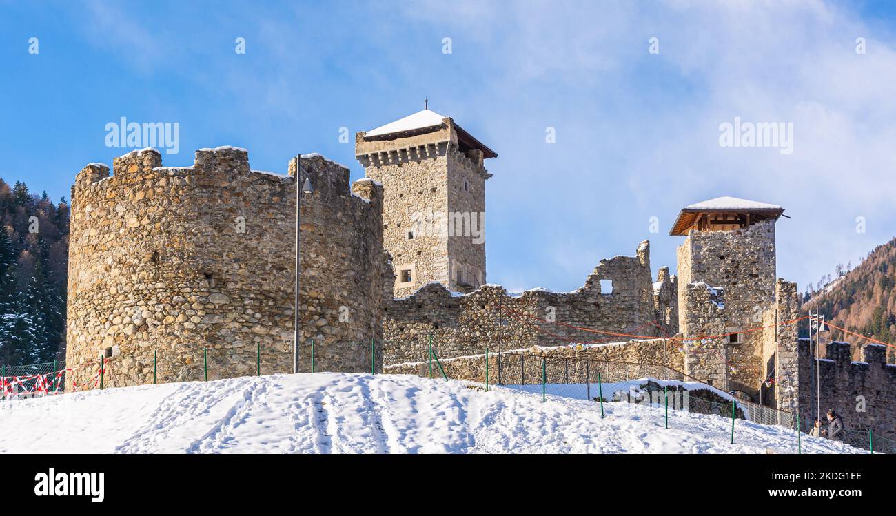 St. Michael castle in Ossana stands on a rocky outcrop. Ossana castle ...