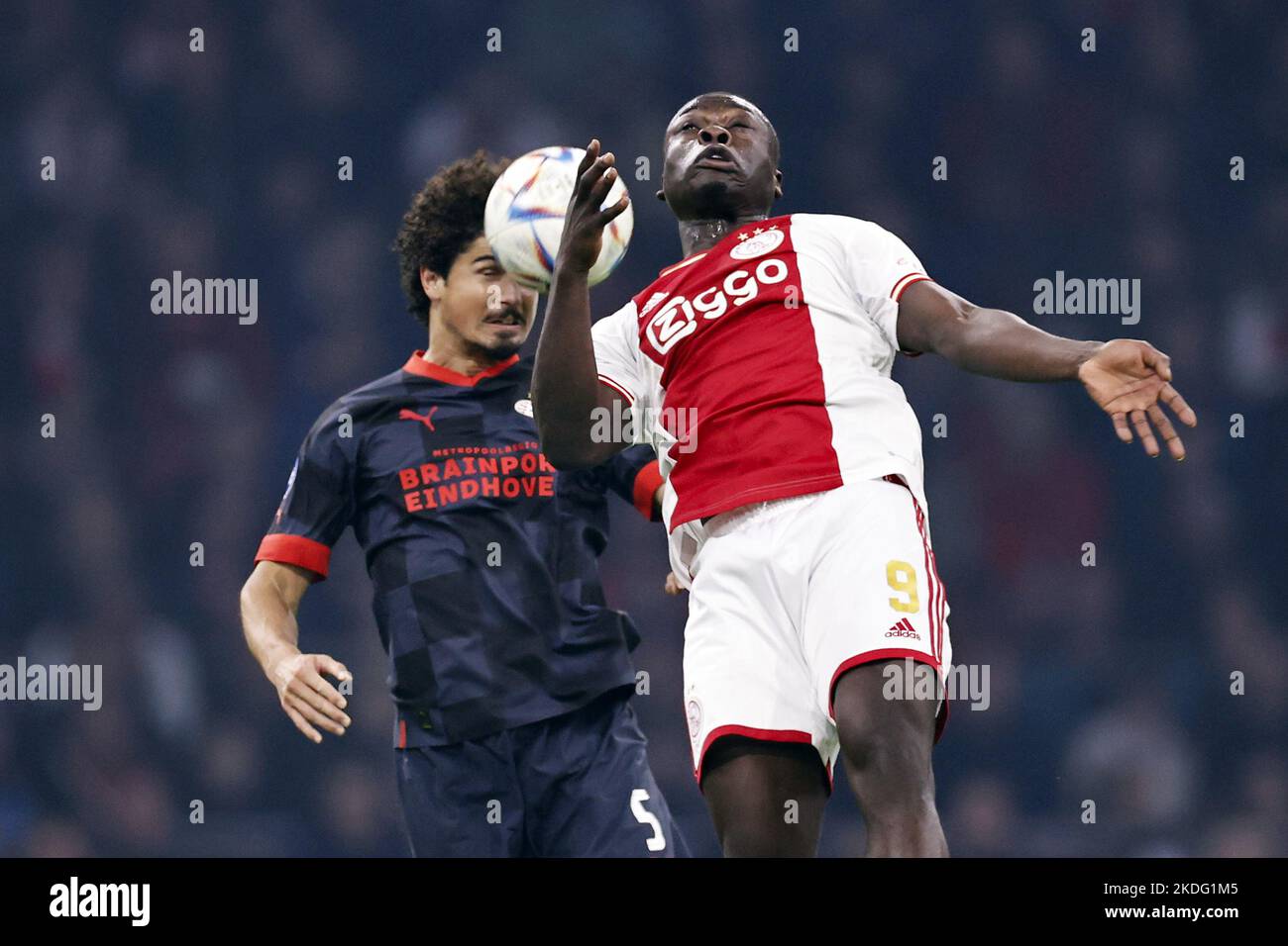 AMSTERDAM - (LR) Andre Ramalho of PSV Eindhoven, Brian Brobbey of Ajax during the Dutch ...