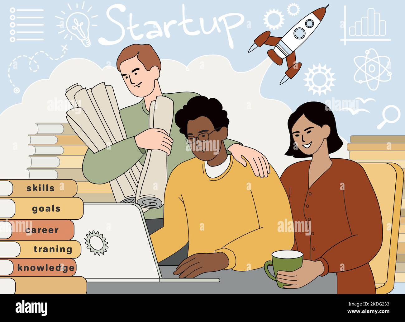 Business startup concept. Flat diverse people work together with laptop, books. Teamwork develop ...