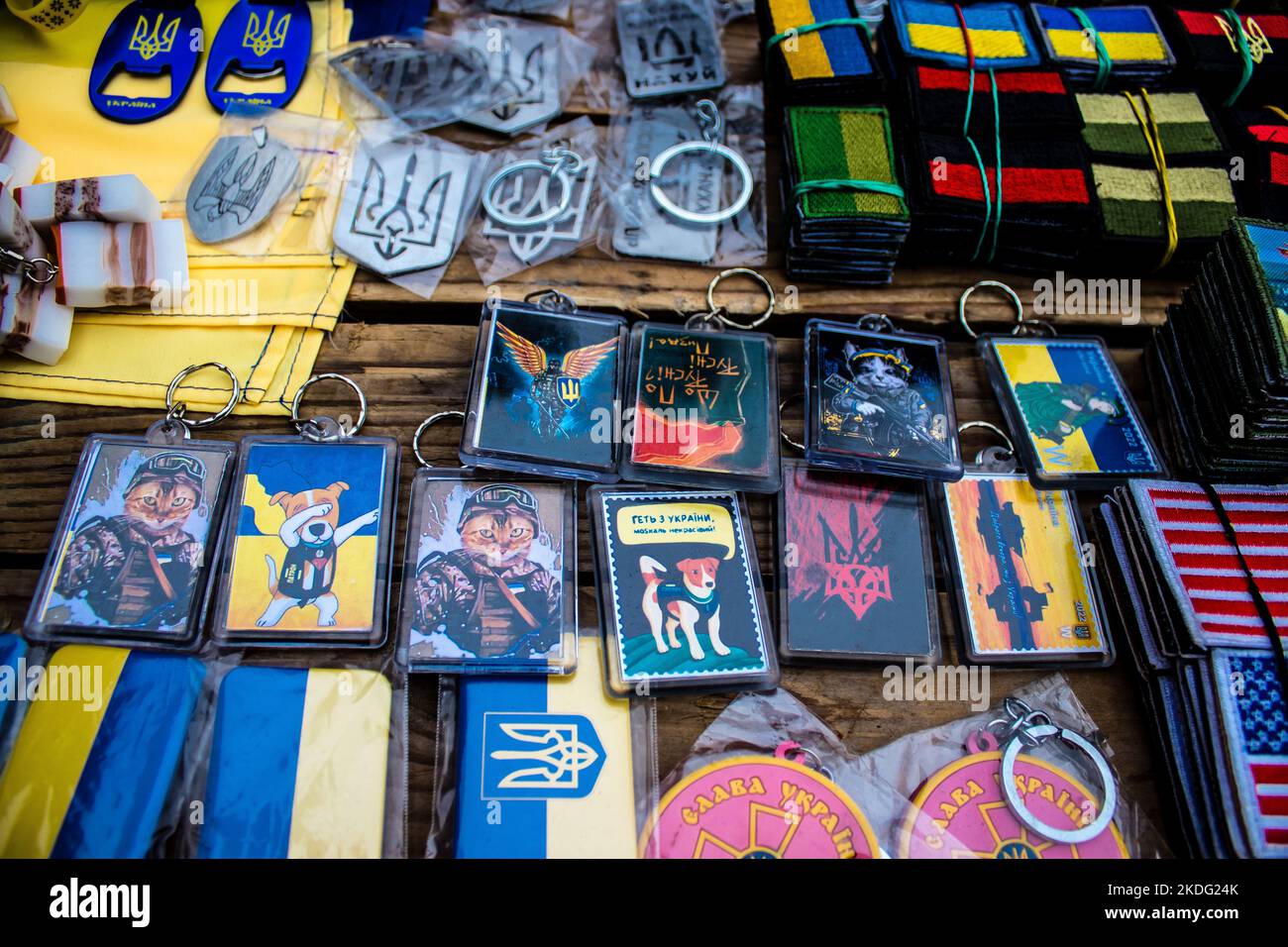 Decorative objects sold on the streets of kyiv in Ukraine, unit patches ...
