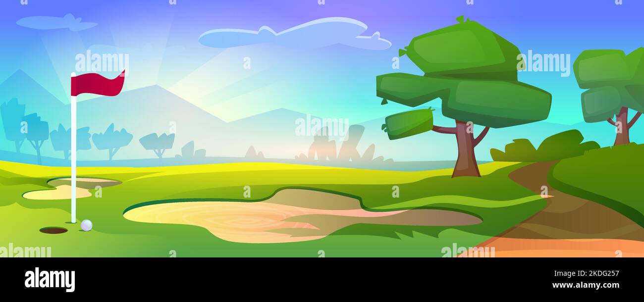 Empty golf course on nature landscape with red flag, white ball on ...