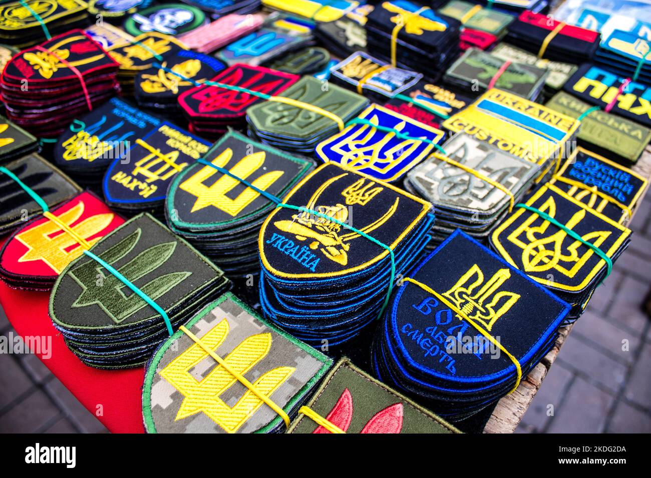 Decorative objects sold on the streets of kyiv in Ukraine, unit patches ...