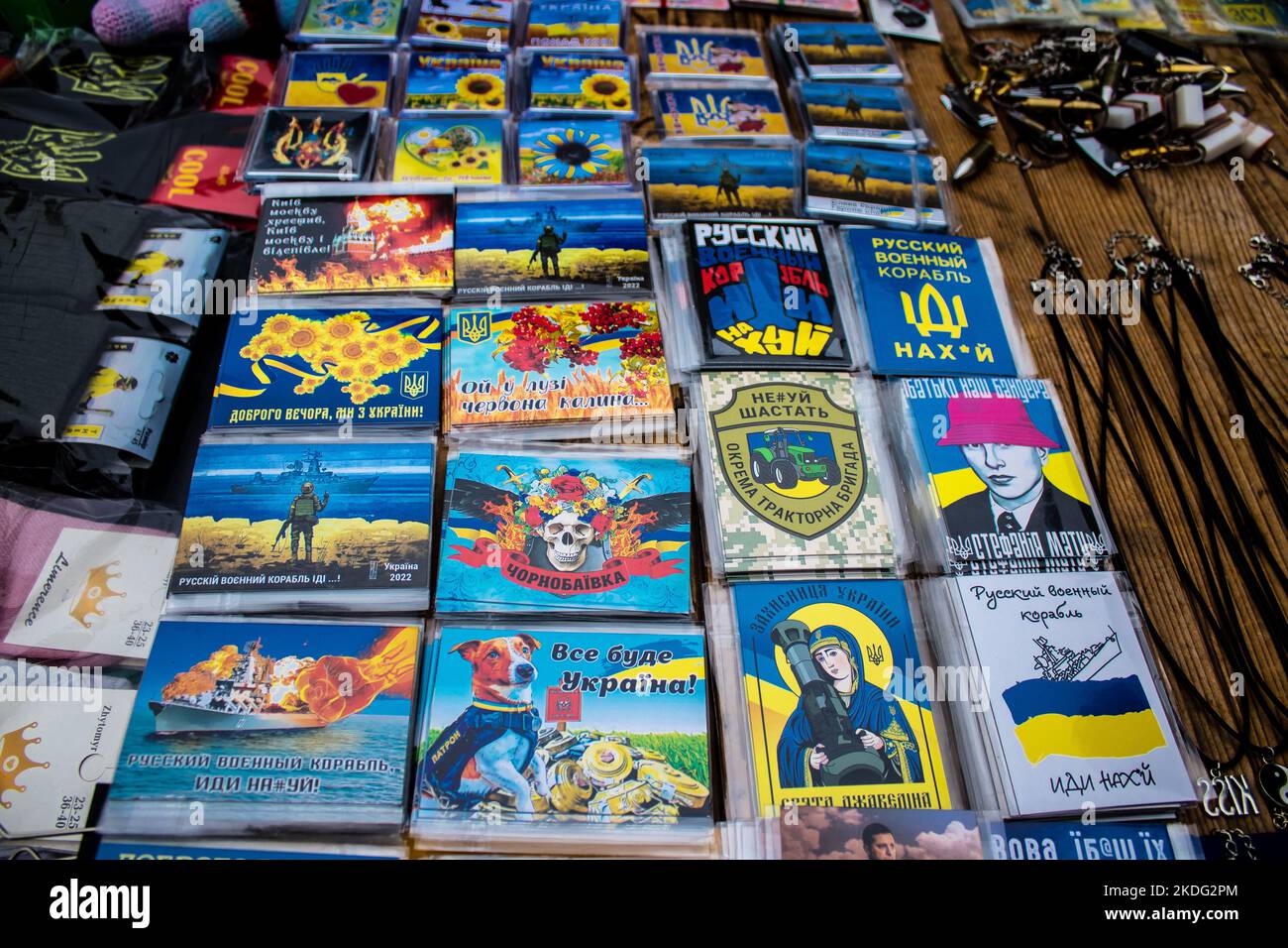 Decorative objects sold on the streets of kyiv in Ukraine, unit patches ...