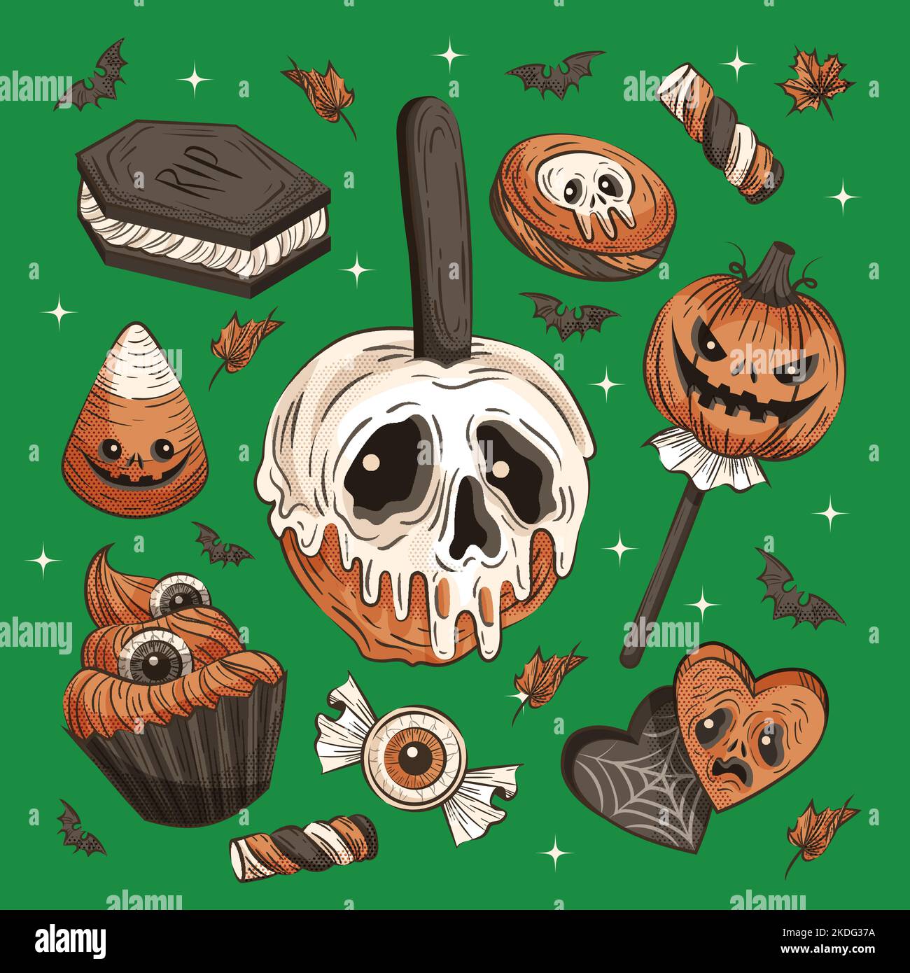 hand drawn halloween vintage candy elements collection vector design ...