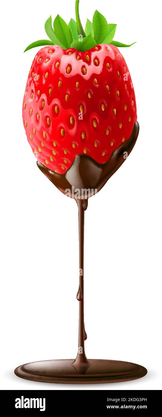 Strawberry with Leaves in Chocolate Trickle Isolated on White ...