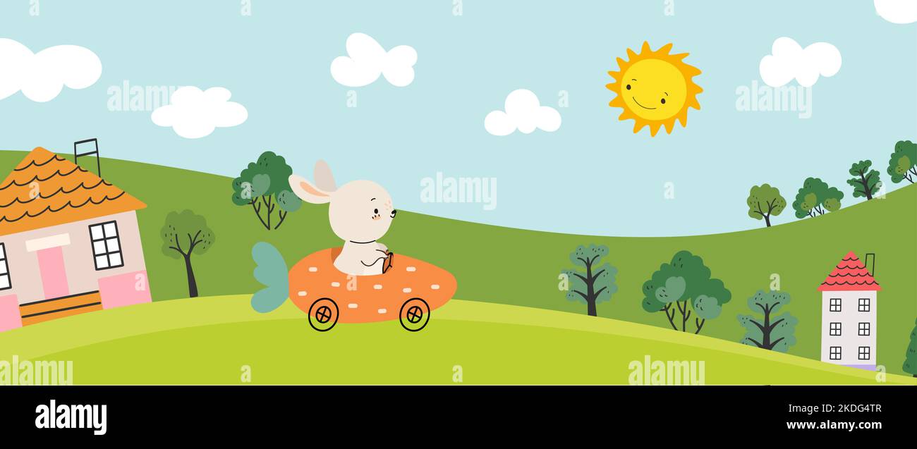 Cartoon landscape with cute bunny drive carrot car. Nature childish ...