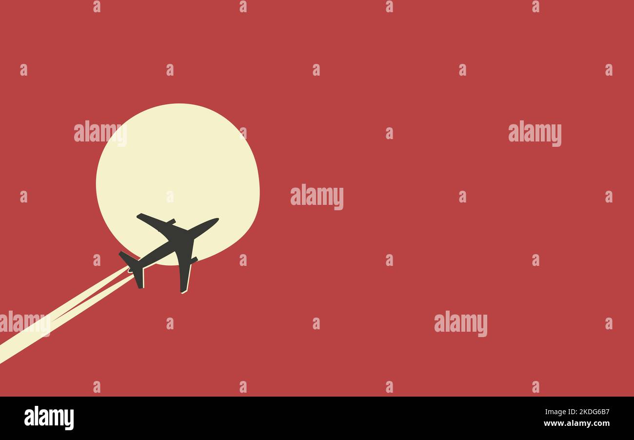 The plane flies in the sky against the background of the sun in retro ...