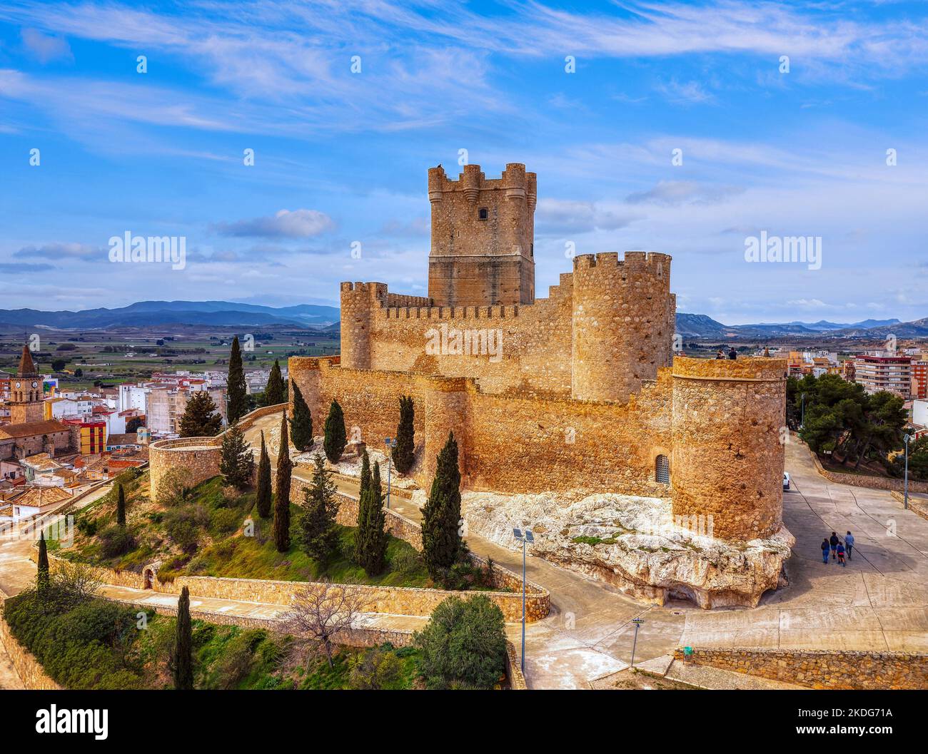 Aerial view of the castle of Villena in the province of Alicante, Spain ...