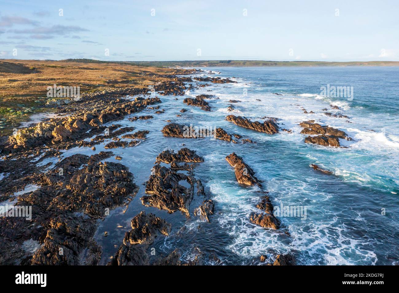 Drone aerial photograph of the rugged and rocky coastline of ...