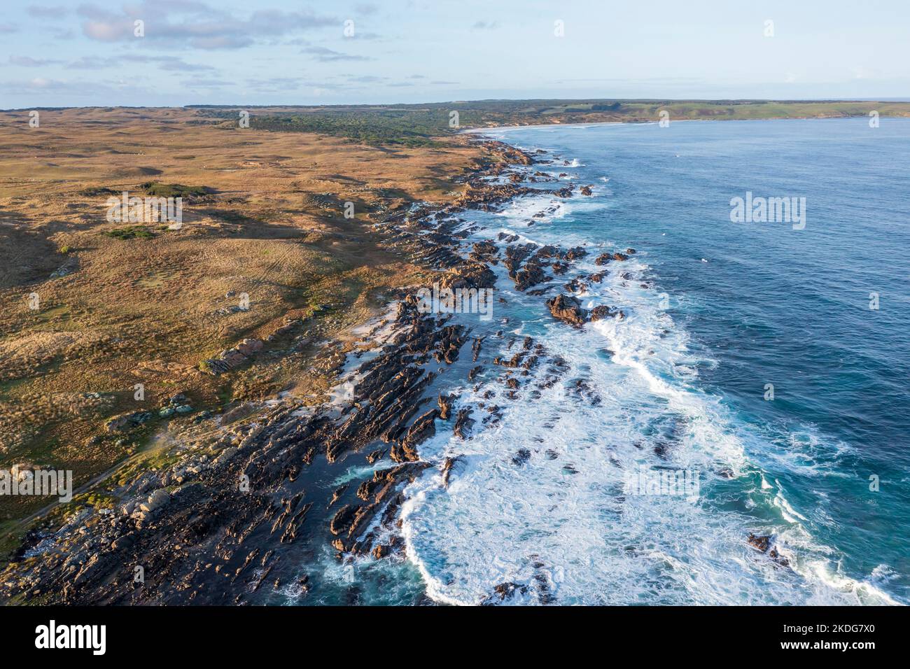 Drone aerial photograph of the rugged and rocky coastline of ...