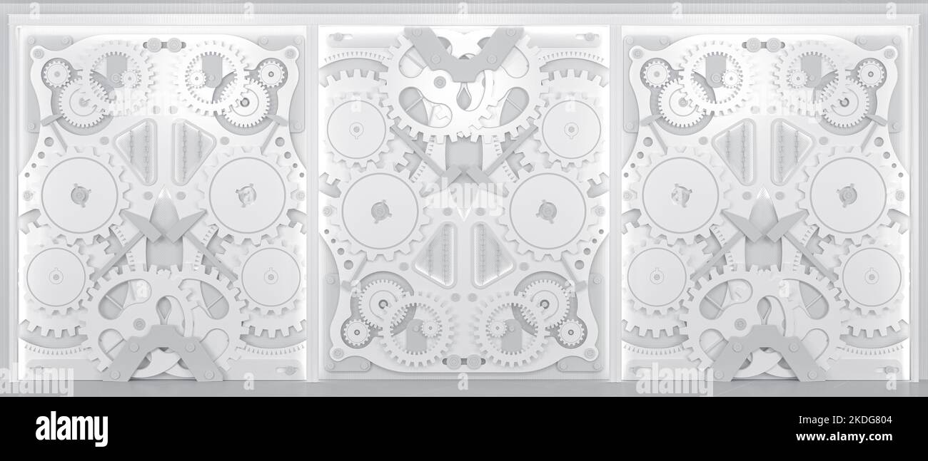 Wide white background, clockwork, gears, running time concept. 3d ...
