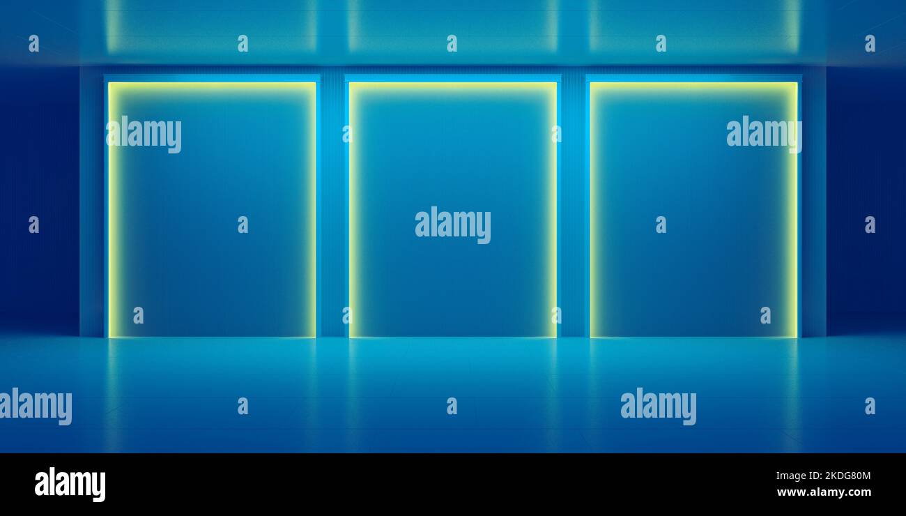 Bright room with three light squares on the wall, 3d render background ...