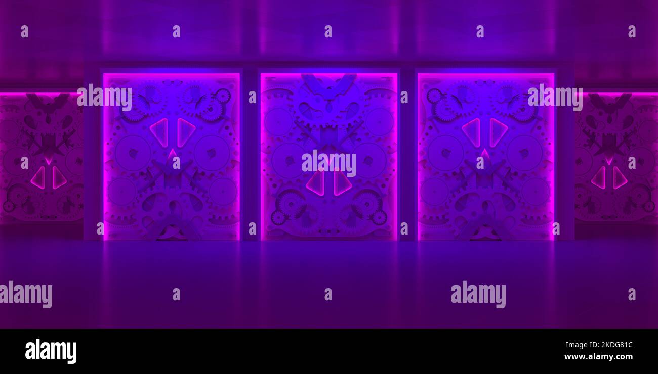 Clockwork purple background, clock mechanism, bright illuminated room ...