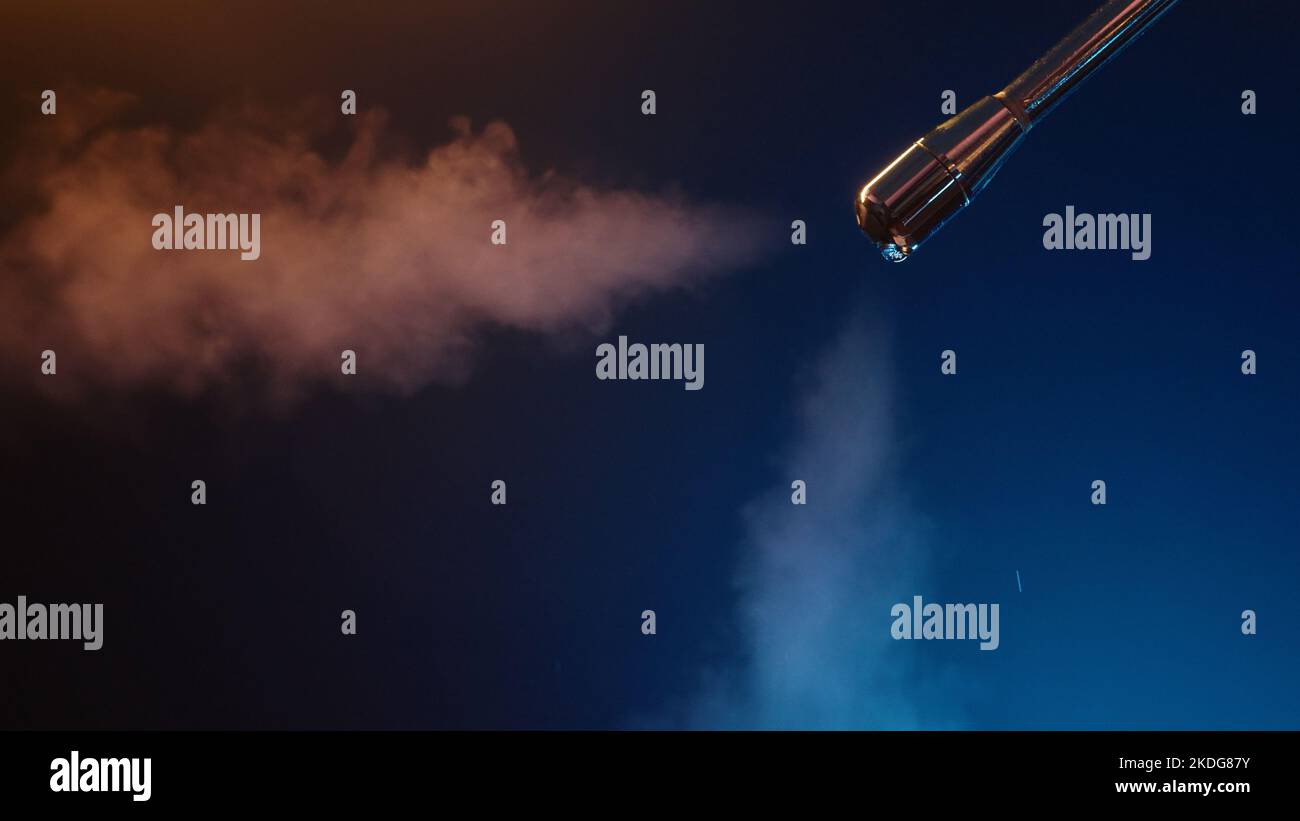 purging steam wand of coffee machine under neon lighting, wide photo ...