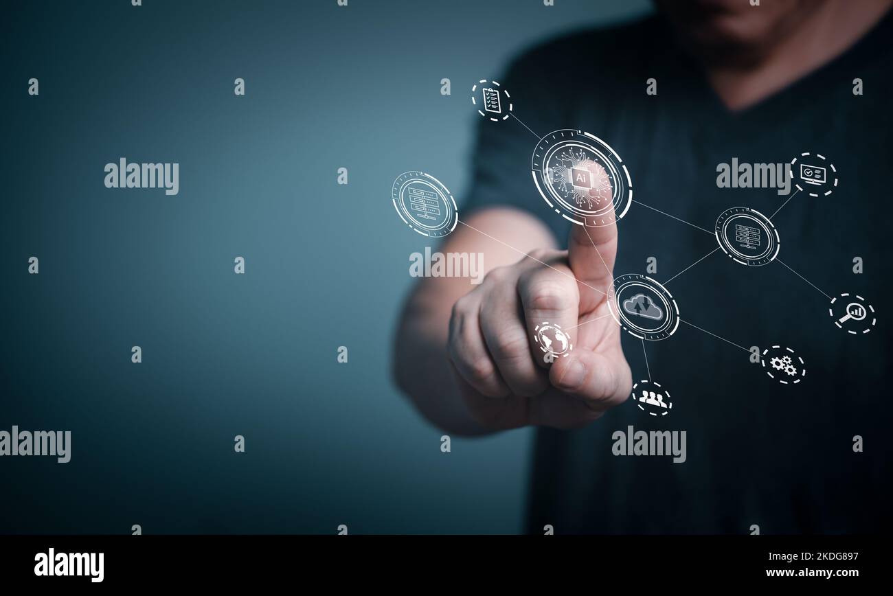 Young man pointing on Artificial Intelligence online system technology ...