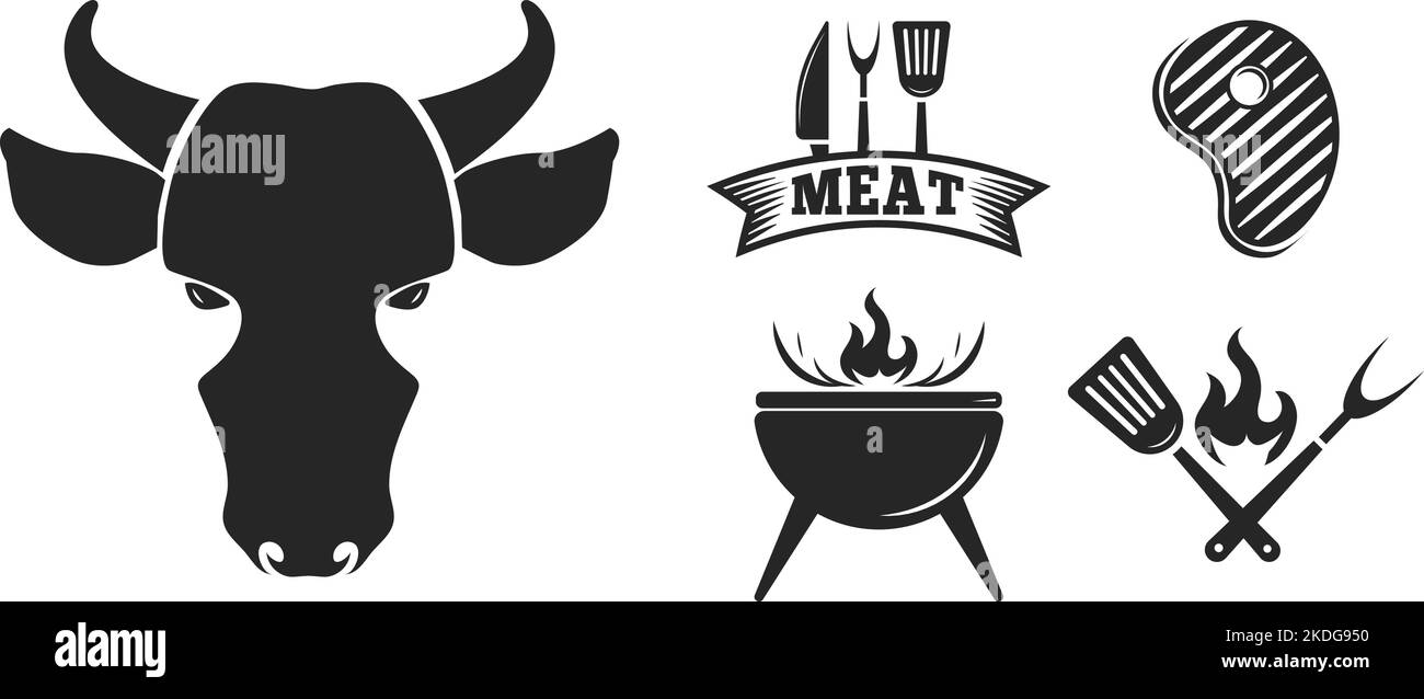 BBQ grill elements. Barbecue grilling icons beef steak roaster utensils ...