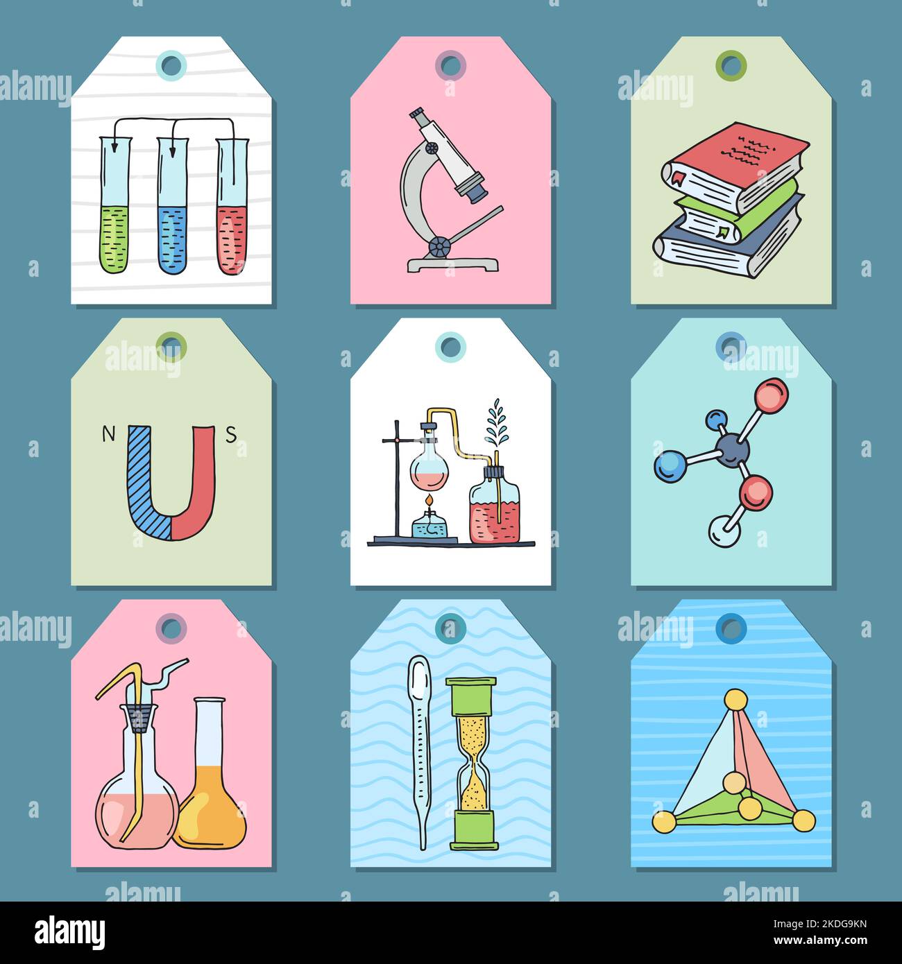 Science tags. chemical symbols tubes formulas books magnet microscope ...