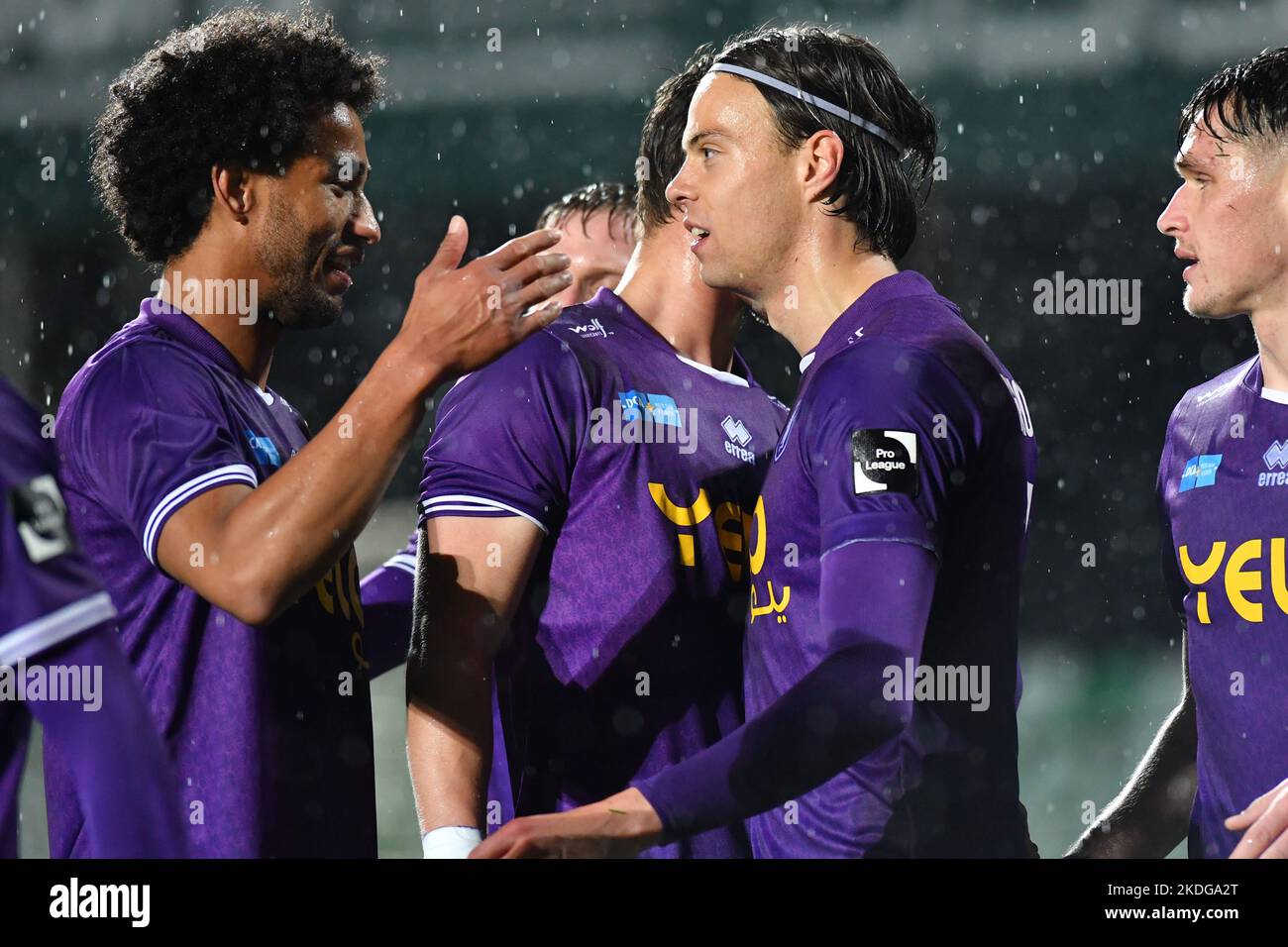 Beerschot's players celebrates after scoring during a soccer match ...