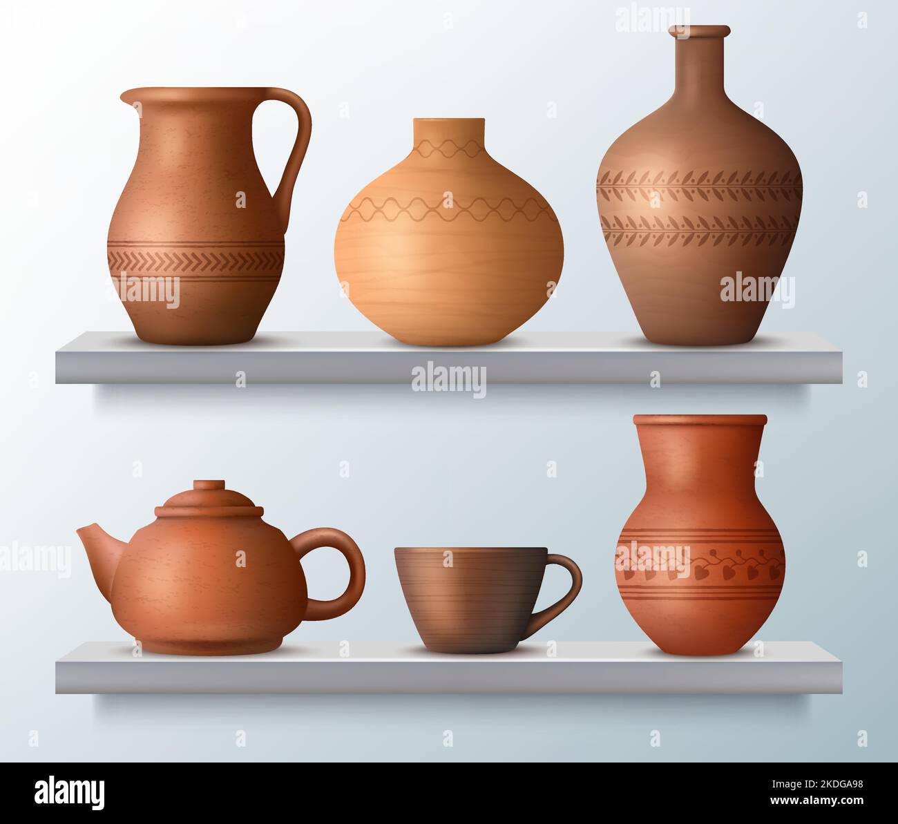 Clay pots on shelves. Different authentic kitchenware on kitchen ...