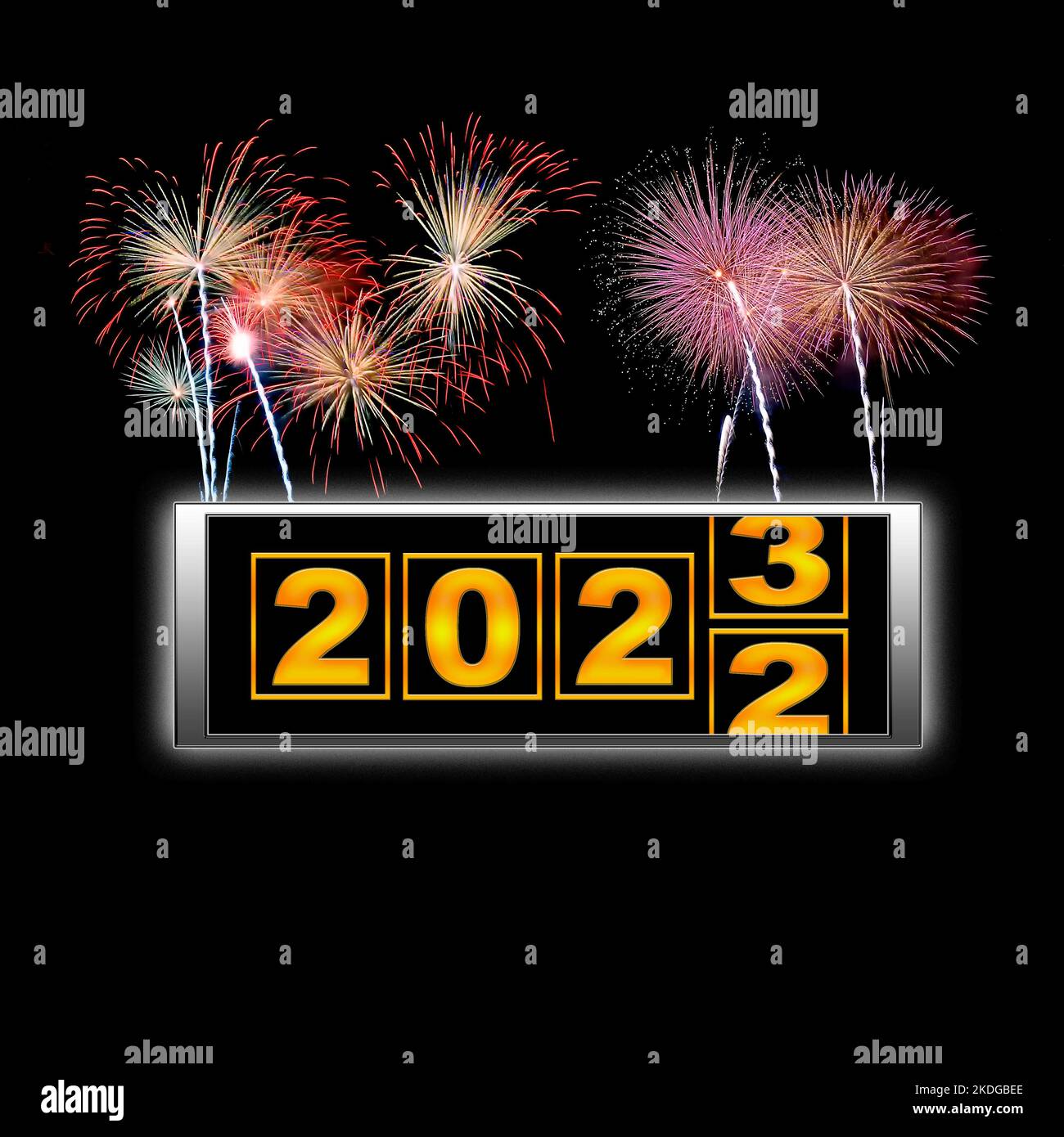 An illustration of happy new year 20232 with fireworks. Metal counter ...