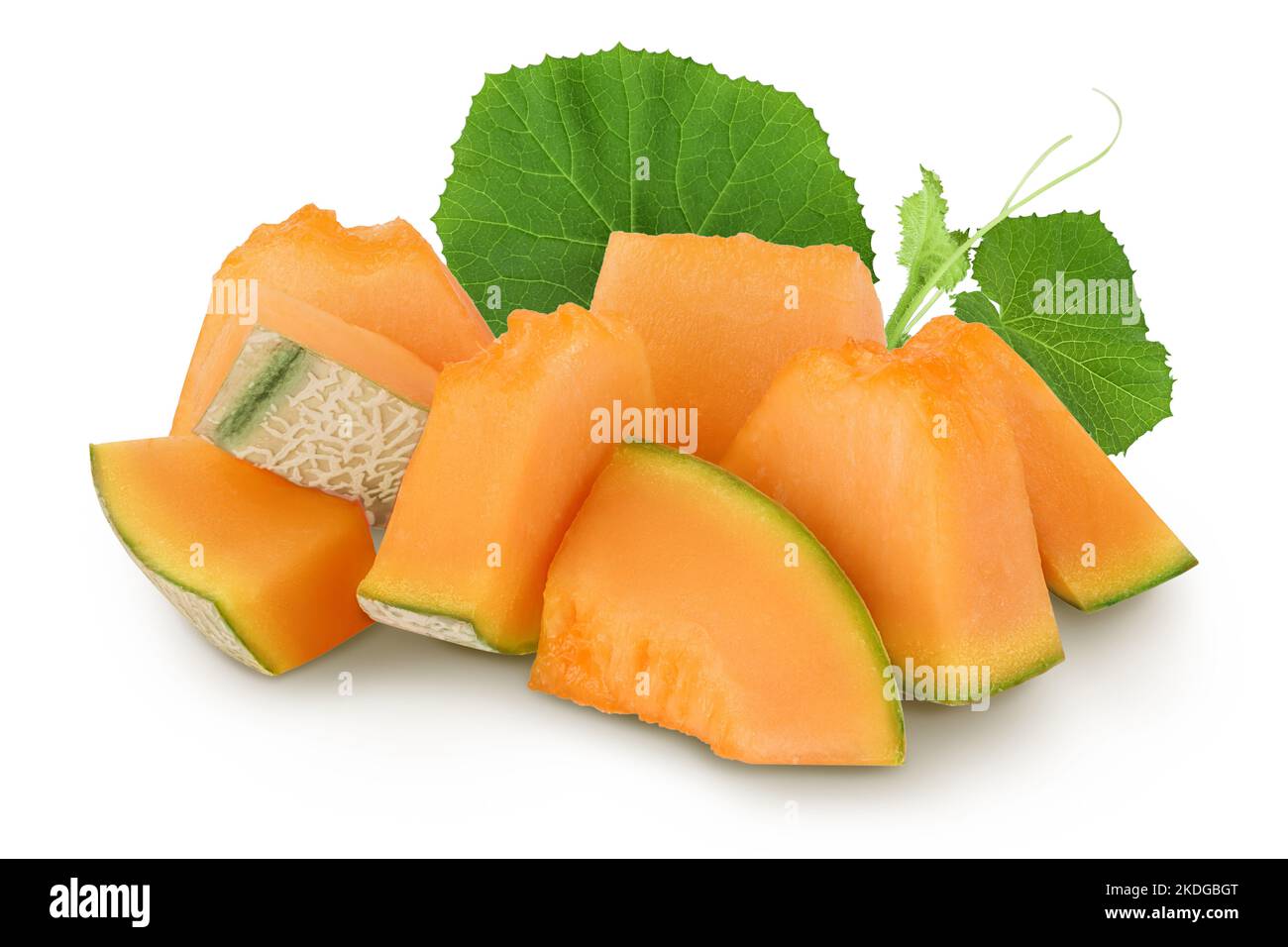 Cantaloupe melon pieces isolated on white background with full depth of ...