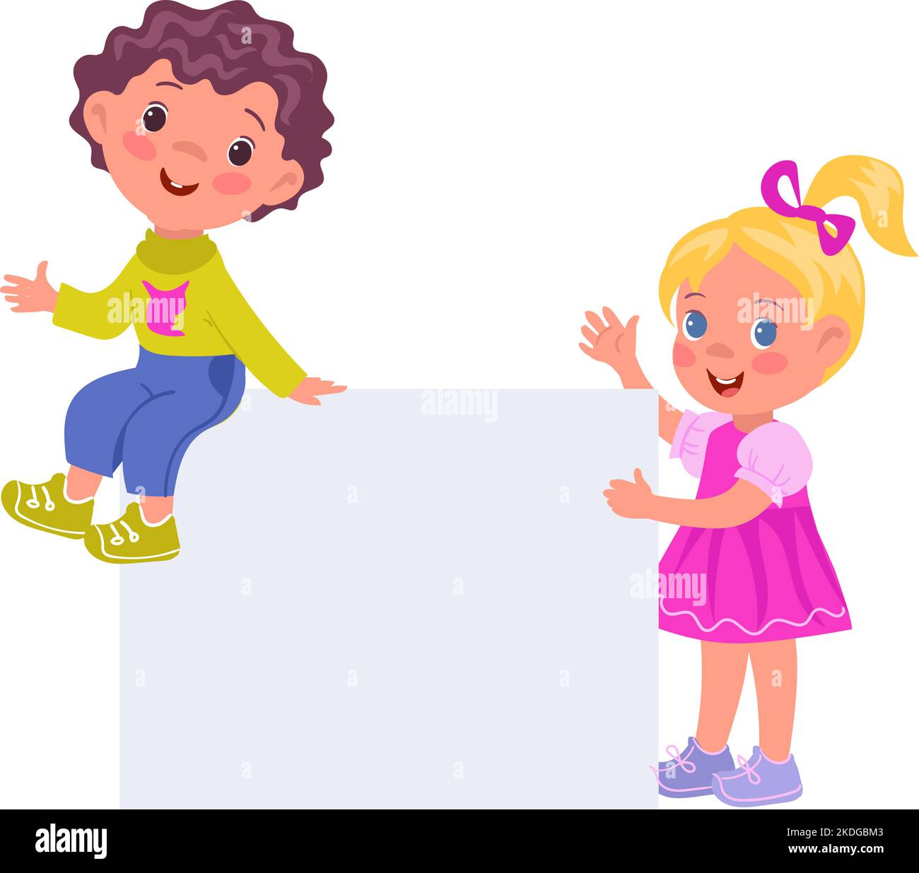 Children with banner. Pretty little boys and girls hold blank surface ...