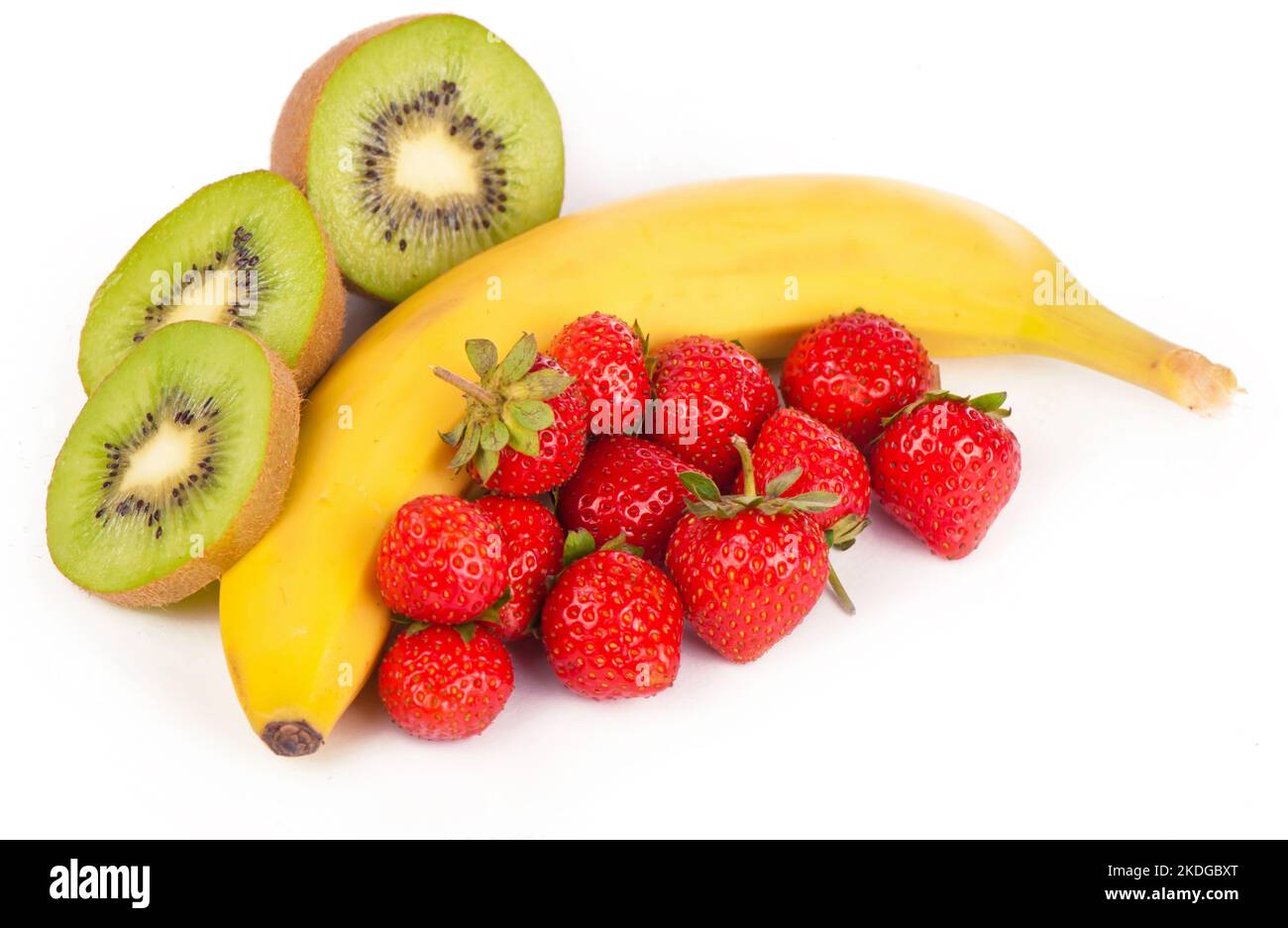 Bananas, kiwi and strawberry lose up isolated on a white background ...