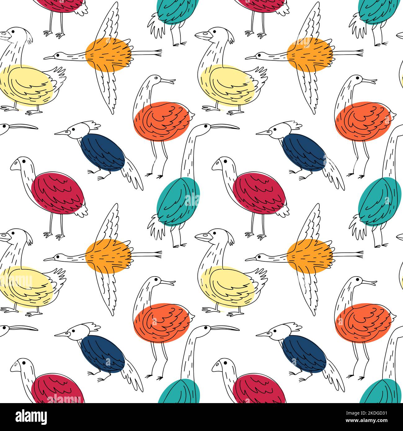 Cute birds seamless pattern. Collection of doodle hand drawn birds ...