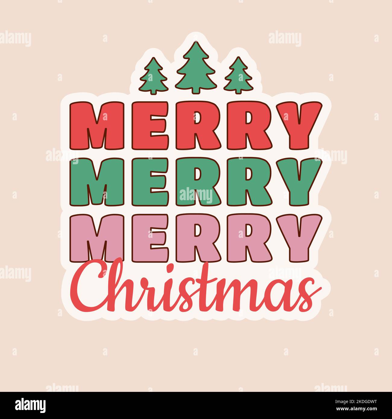 Merry Christmas groovy sticker in trendy hippie retro 1970s style with ...
