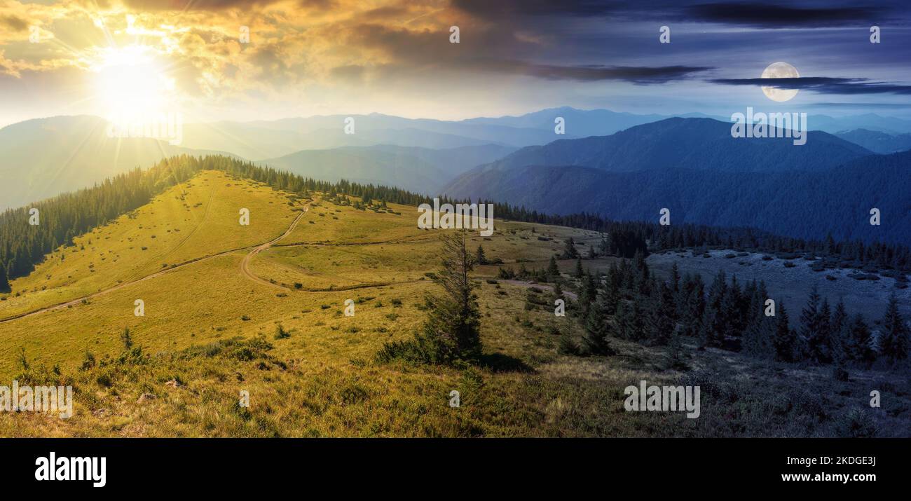 green nature environment of trascarpathia at twilight. day and night ...